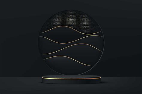 원 창에 황금 반짝이와 물결 모양의 레이어와 추상 3d 블랙 실린더 받침대 연단 제품 디스플레이 프리젠 테이션을위한 고급 어두운 최소 벽 장면 벡터 렌더링 기하학적 플랫폼