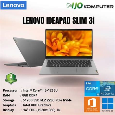 Jual LENOVO IDEAPAD SLIM 3i I5 1235U 8GB 512GB SSD IRIS XE WIN11 OHS Jakarta Pusat