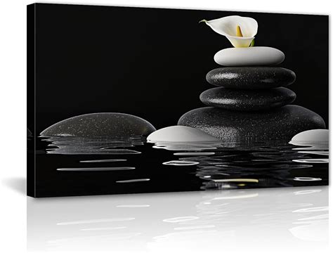Glokaka Zen Wall Art Black Spa Stones With White Flower