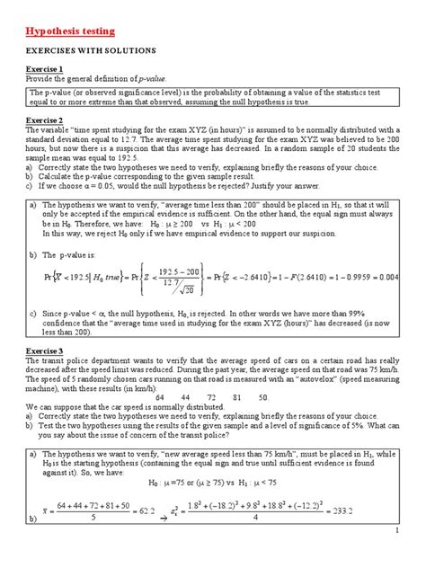 Hypothesis Testing Withsolutions Pdf P Value Statistical Significance