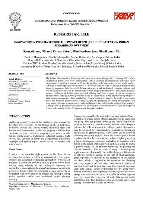 PDF INNOVATION IN PHARMA SECTOR THE IMPACT OF IPR PRODUCT PATENT IN INDIAN SCENARIO AN