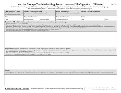 Fahrenheit Temperature Log For Refrigerator Vaccine Storage