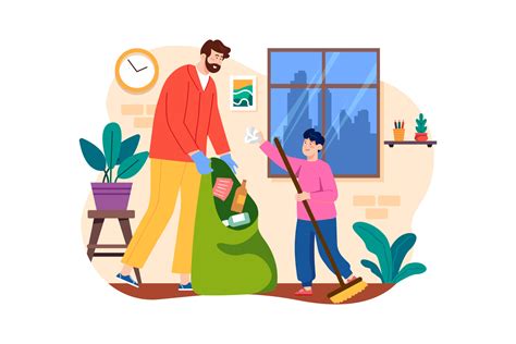 Father And Son Are Collecting Garbage At Home 11466516 Vector Art At