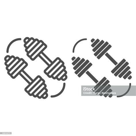 아령 라인과 단단한 아이콘 체육관 개념 흰색 배경에 바벨 사인 모바일 개념 및 웹 디자인을위한 개요 스타일의 스포츠 아령 아이콘