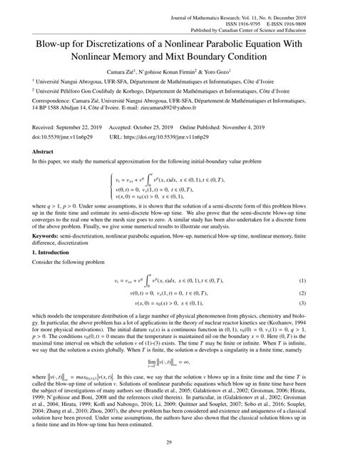 Pdf Blow Up For Discretizations Of A Nonlinear Parabolic Equation With Nonlinear Memory And