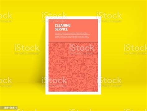 트렌디한 선형 스타일의 청소 서비스를 위한 설계 템플릿 및 요소 벡터 세트 클리닝 서비스와 관련된 선형 아이콘이 있는 패턴 미니멀리스트 커버 포스터 디자인 호텔룸 관리