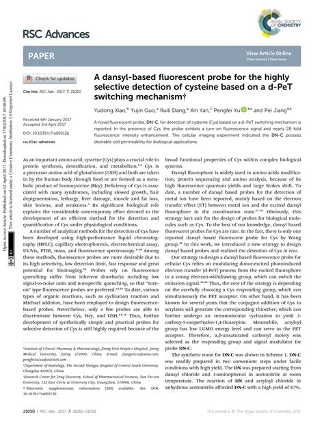 Pdf A Dansyl Based Fluorescent Probe For The Highly Selective