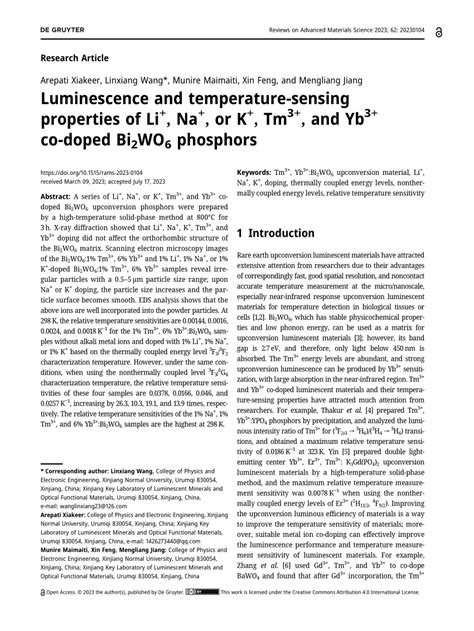 Pdf Luminescence And Temperature Sensing Properties Of Li Na Or K Tm And Yb Co Doped
