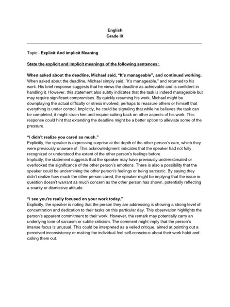 English Explicit And Implicit Meaning Grade 9 Pdf Psychology Behavioural Sciences