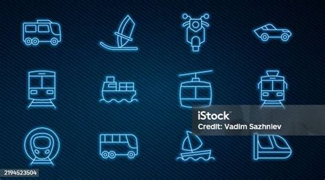 기차와 철도 트램 스쿠터 상자 배달 버스 케이블카 및 윈드 서핑 아이콘이있는 화물선을 설정합니다 벡터 공중 케이블 카에 대한 스톡 벡터 아트 및 기타 이미지 Istock