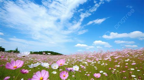 구름과 푸른 하늘 아래 필드에 코스모스 꽃 푸른 하늘과 코스모스 밭 고화질 사진 사진 배경 일러스트 및 사진 무료 다운로드 Pngtree