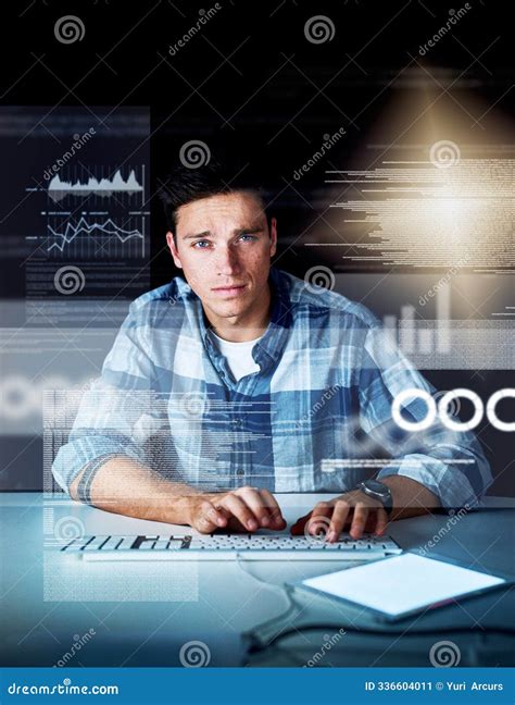 Office Portrait And Man With Data Overlay For Online Programming Analysis And Cybersecurity In