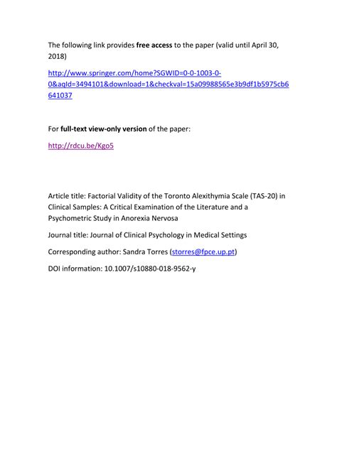 Pdf Factorial Validity Of The Toronto Alexithymia Scale Tas 20 In Clinical Samples A