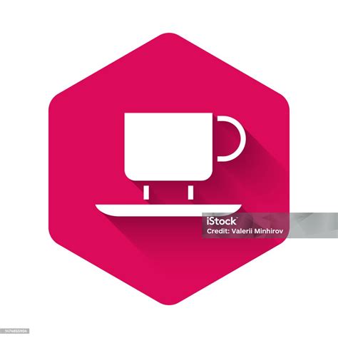 긴 그림자로 고립된 화이트 커피 컵 아이콘 차 컵 뜨거운 음료 커피 핑크 육각형 버튼 벡터 경영자에 대한 스톡 벡터 아트 및 기타 이미지 Istock