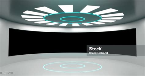 3d 렌더링 둥근 방에는 네온 패널로 조명된 대형 창문이 있습니다 우주선 홀의 내부 0명에 대한 스톡 사진 및 기타 이미지 0명 비어 있음 무대 Istock