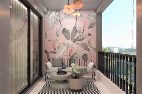 Modern Balcony Design With Tropical Pink Wallpaper And Comfortable Seating Beautiful Homes