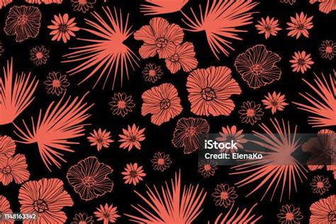 꽃 디자인 원활한 배경 패턴입니다 야자수 잎 히 비 스커 스 꽃 벡터 일러스트 레이 션 손으로 그린 0명에 대한 스톡 벡터 아트 및 기타 이미지 Istock