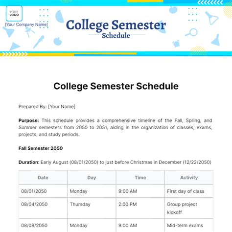 Free College Semester Schedule Template To Edit Online