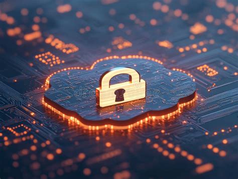 Electrified Glowing Orange Lock Integrated Into A Metallic Dark Blue Cloud Placed On A