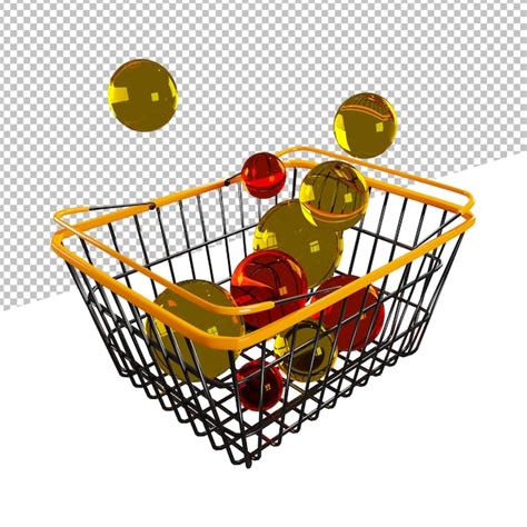 유리 공 3d 렌더링 그림이 있는 투명한 배경의 바구니 또는 쇼핑 카트 프리미엄 Psd 파일