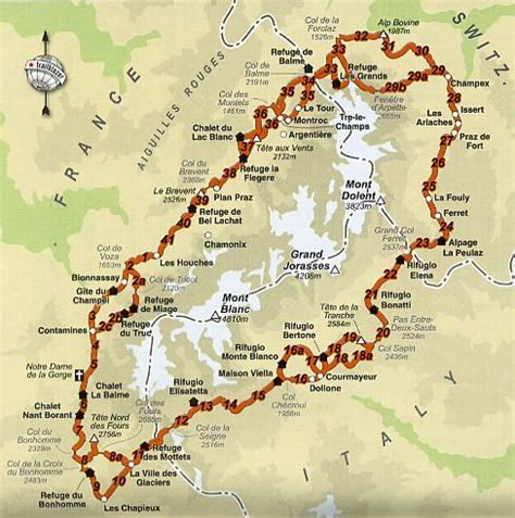 Map Of The Tour Du Mont Blanc A 160km Hiking Route Through France Italy And Switzerland