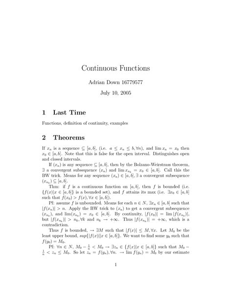 Continuous Functions Lecture Notes Mathematics Docsity