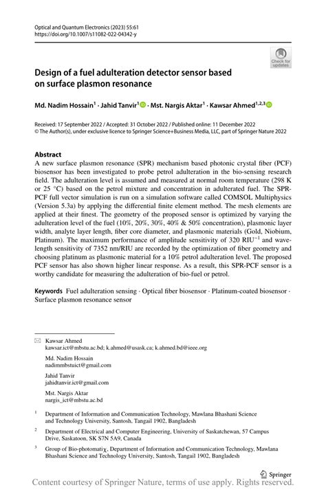 Design Of A Fuel Adulteration Detector Sensor Based On Surface Plasmon Resonance Request Pdf