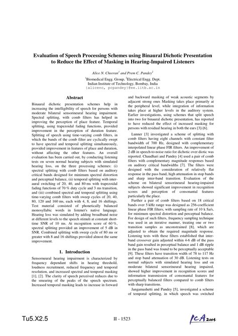 Pdf Evaluation Of Speech Processing Schemes Using Binaural Dichotic Presentation To Reduce The