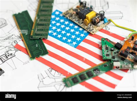 The Flag Of The United States Of America On The CPU Processor Or GPU Chip On The Motherboard