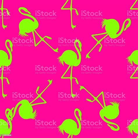 원활한 플라밍고 패턴 벡터 일러스트레이션 핑크 플라밍고 무늬 네온 그린 배경 여름 배경 화면 배경 만화 벡터 일러스트 레이션 귀여운에 대한 스톡 벡터 아트 및 기타 이미지