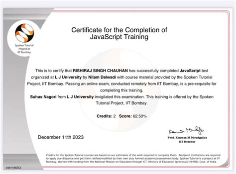 Provided By Spoken Tutorial Project Iit Bombay Certificate For The Completion Of Javascript