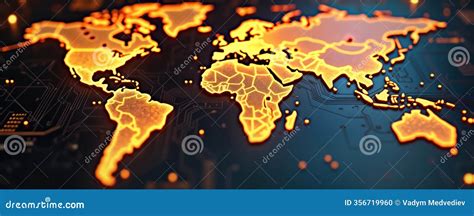 Global Network Data Transfer Visualized On Circuit Board Map World Map Glowing Golden On Tech