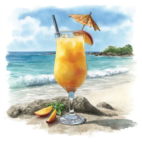 Peach Cocktail On Sandy Beach At Sunset Stock Illustration