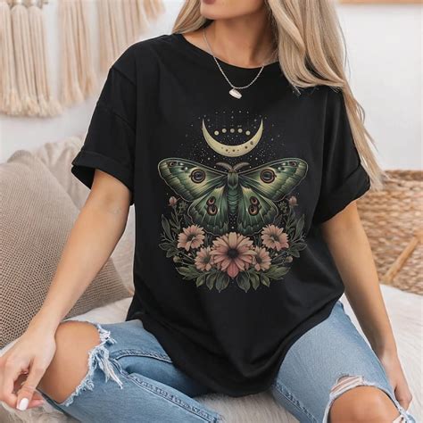 Luna Moth Moon Phase Tee Boho Celestial Shirt Wildflowers Crescent