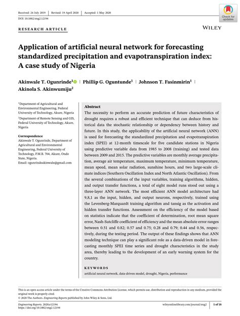 Pdf Application Of Artificial Neural Network For Forecasting Standardized Precipitation And