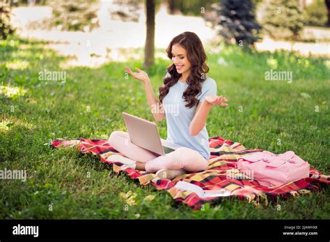 Full Length Body Size Photo Female Programmer Using Computer Got Online Meeting With Web Camera