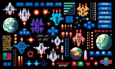 Bit Arcade Space Pixel Game Asset Invaders Set Stock Vector Illustration Of Button Effect