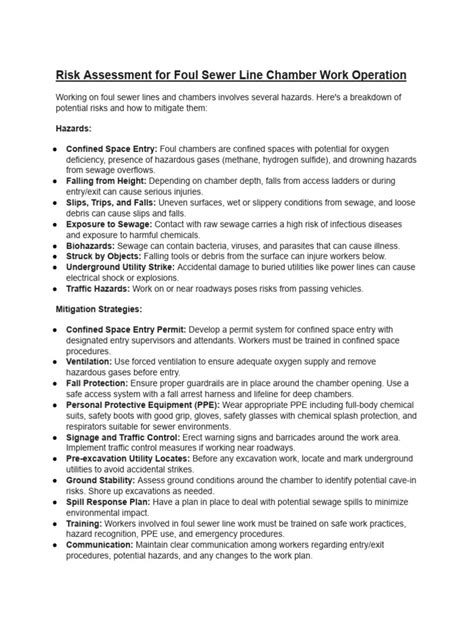 Risk Assessment For Foul Sewer Line Chambe Pdf Personal Protective Equipment Risk