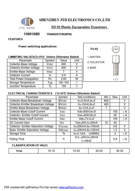 13001s8d Datasheet Npn Transistor Jtd