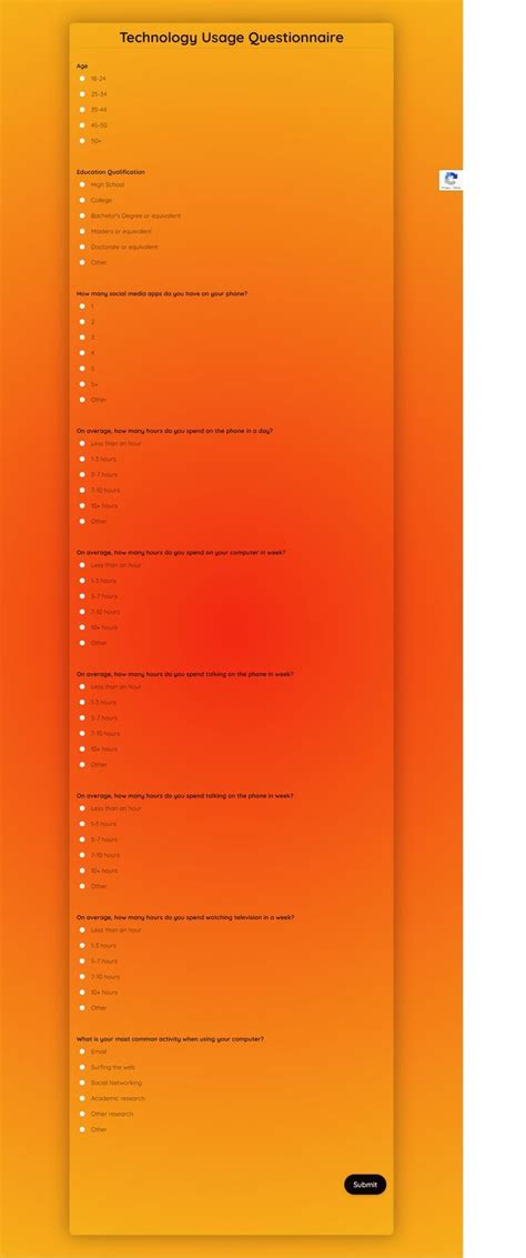 Technology Usage Questionnaire Questionnaire Template Questionnaire Templates