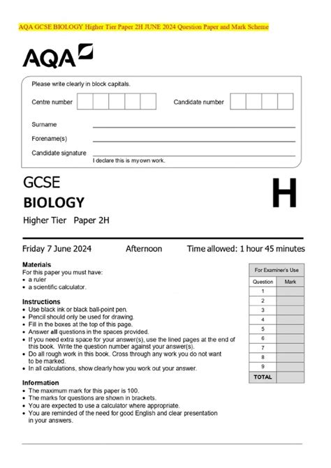 Aqa Gcse Biology Higher Tier Paper 2h June 2024 Question Paper And Mark Scheme Aqa Gcse