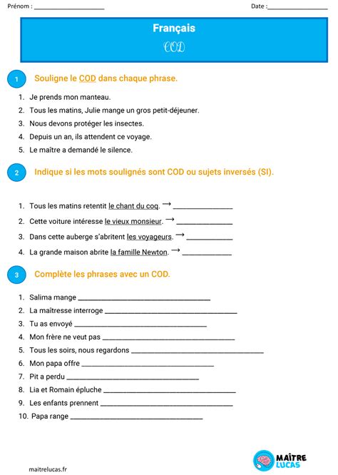 Exercices COD Complément d objet direct pour CM1 CM2 Maître Lucas