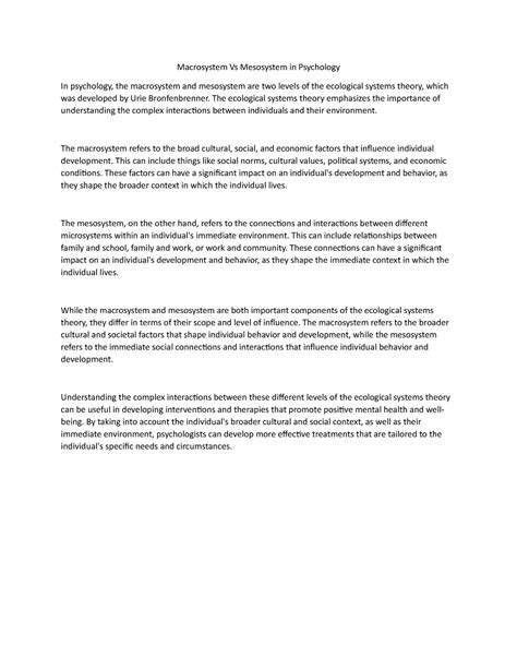 Macrosystem Vs Mesosystem In Psychology The Ecological Systems Theory Emphasizes The