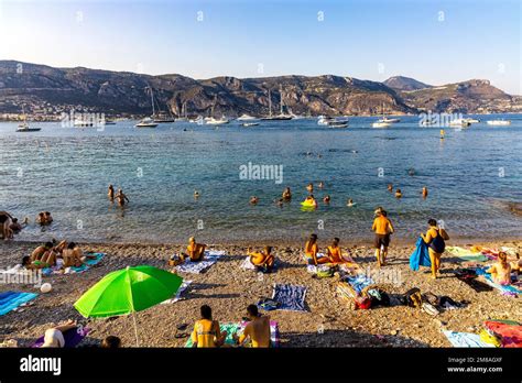 Saint Jean Cap Ferrat France August People Sunbathing On Plage Paloma Beach On Cap