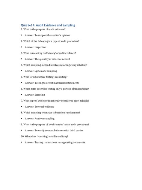 Quiz Set 4 Audit Evidence And Sampling With Answers Pdf Career And Growth