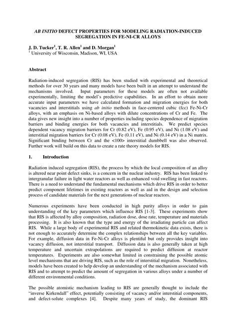 Pdf Ab Initio Defect Properties For Modeling Radiation Induced Segregation In Fe Ni Cr Alloys