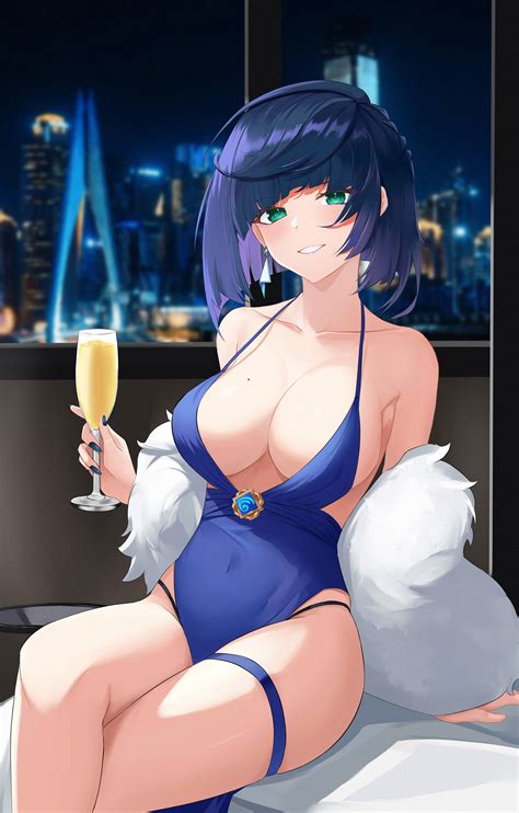 Rule 34 1girls Alcohol Bare Shoulders Bed Blush Breasts Champagne City Cityscape Crossed Legs