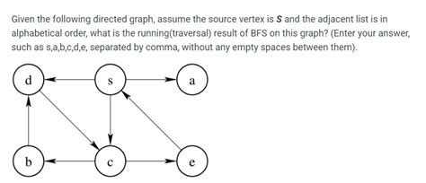 Solved Given the following directed graph, assume the source | Chegg.com