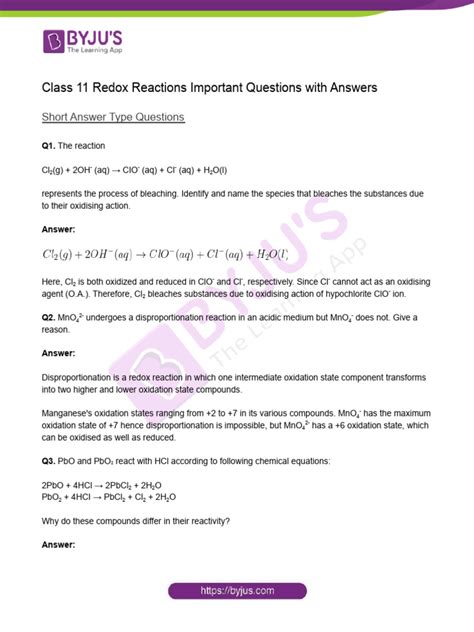 Class 11 Chemistry Chapter 8 Redox Reactions Important Questions With Answers Docx Download