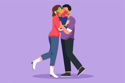 그래픽 플랫 디자인 그리기 쾌활한 소년과 사랑에 소녀 키스 커플 연인 키스와 서로 포옹 행복 한 남자와 결혼 기념일을 축하 하는